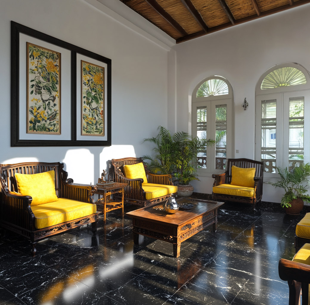 Indian Traditional Living Room Design with Arched Windows and Marble ...