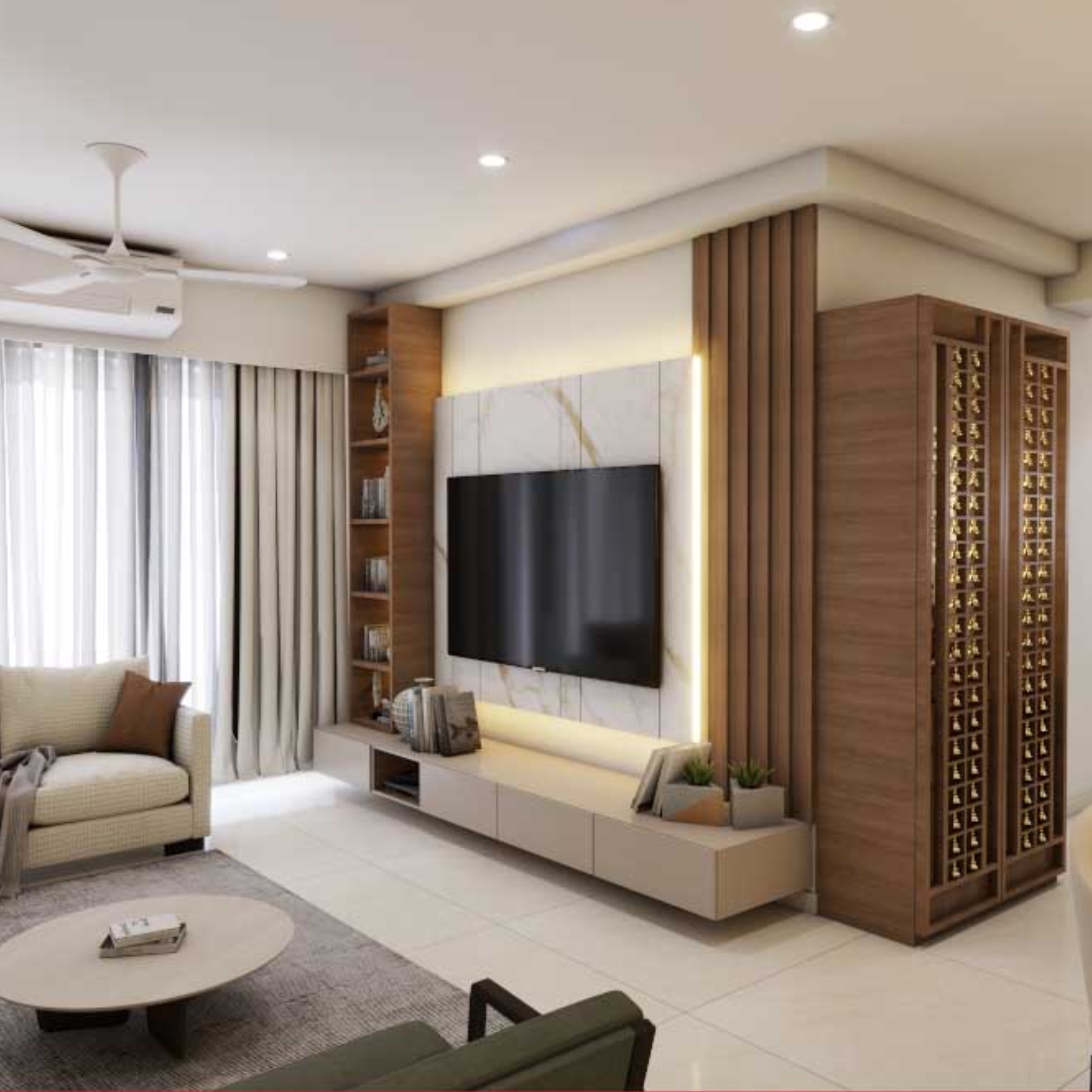 Modern TV Unit Design with Lattice Partition, Open Shelves Marble ...
