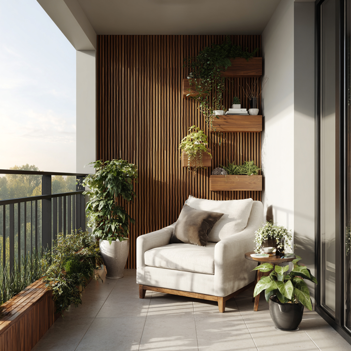 Tropical Balcony Design with Wooden Slat Panels and Glass Railing Views ...