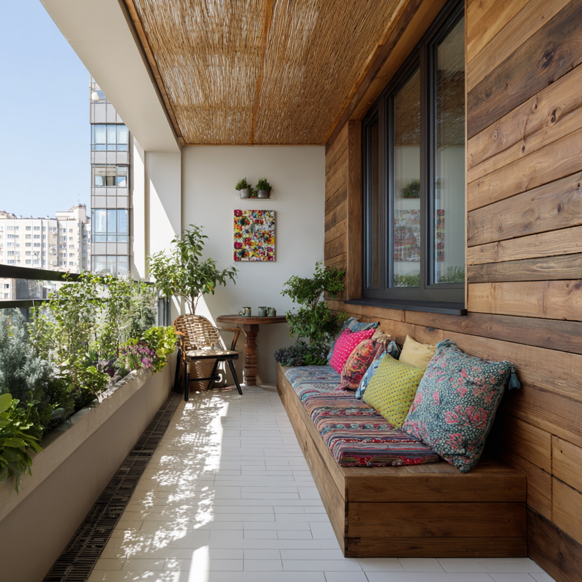 Balcony Design with Bohemian Wooden Bench, Cane Chair, and Bamboo ...