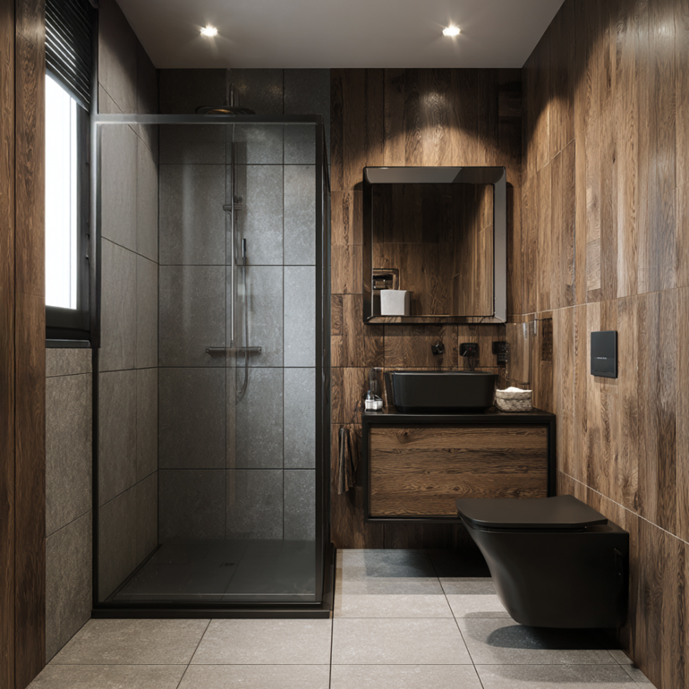 Rustic Bathroom Design with Grey Stone and Wood Texture | Livspace