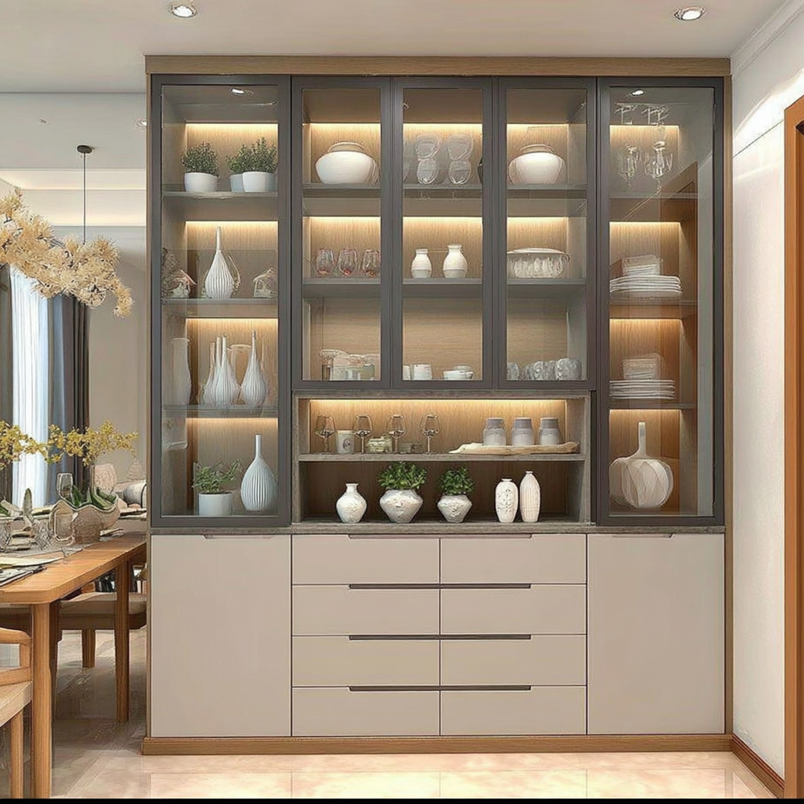 White Modern Crockery Unit Design Featuring Display Cabinets and ...