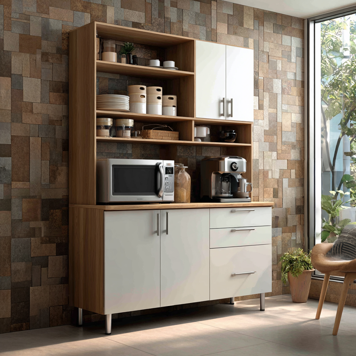 White Contemporary Crockery Unit Design Featuring Upper Display and ...
