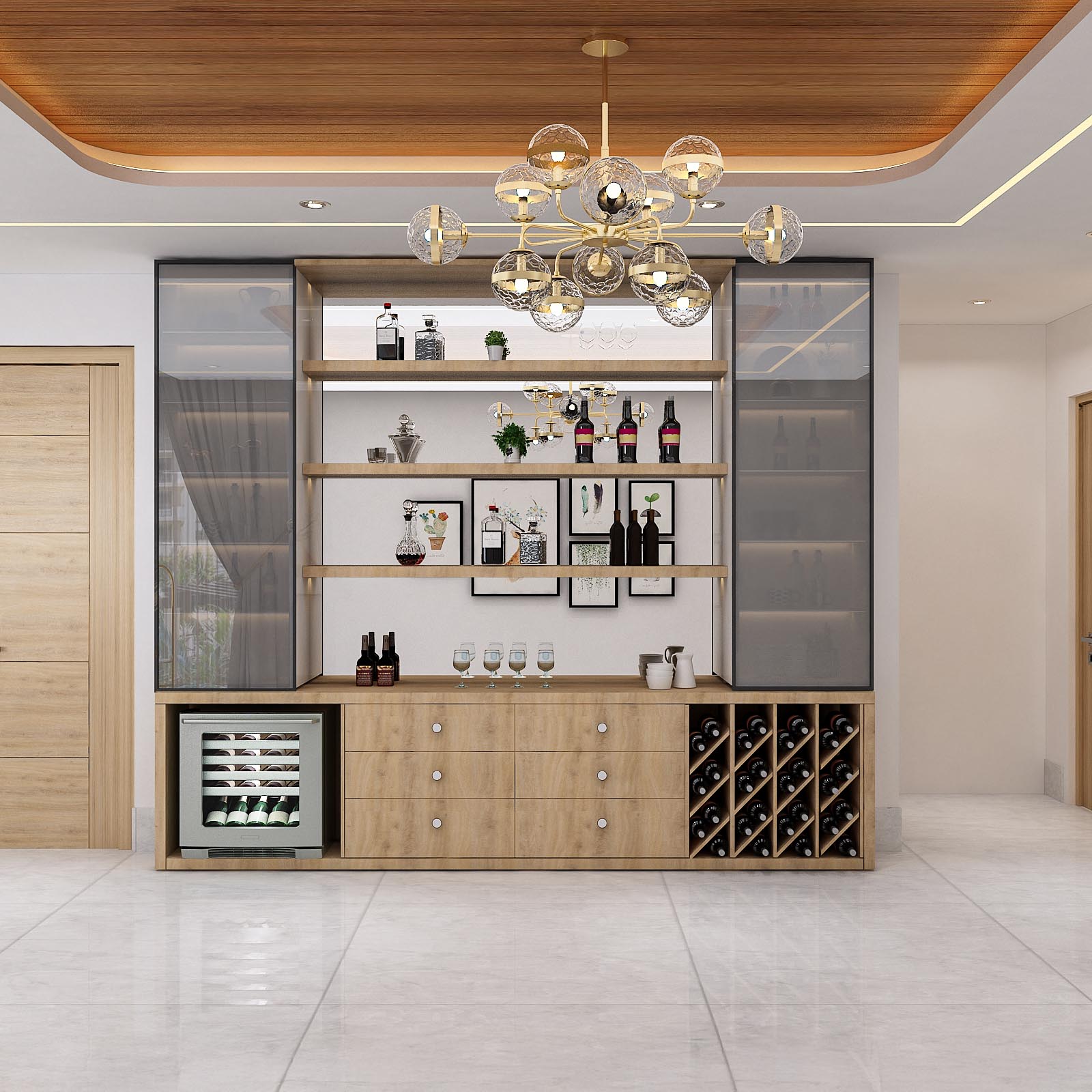 Modern Home Bar Design in Walnut with Shelves and Wine Storage | Livspace