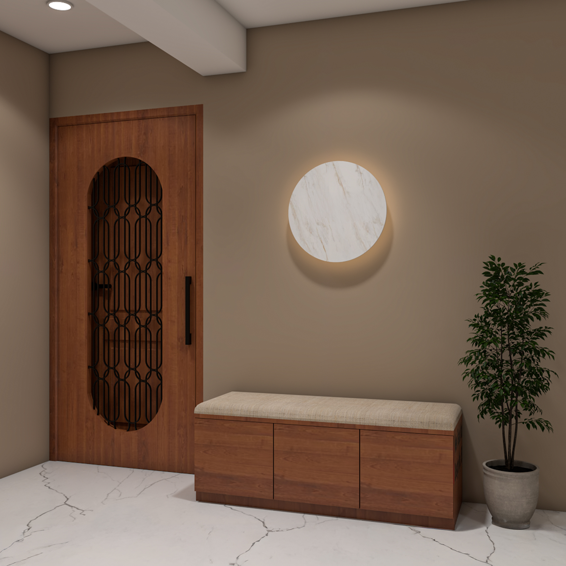 Walnut Contemporary Foyer Design Featuring Integrated Seating Storage ...