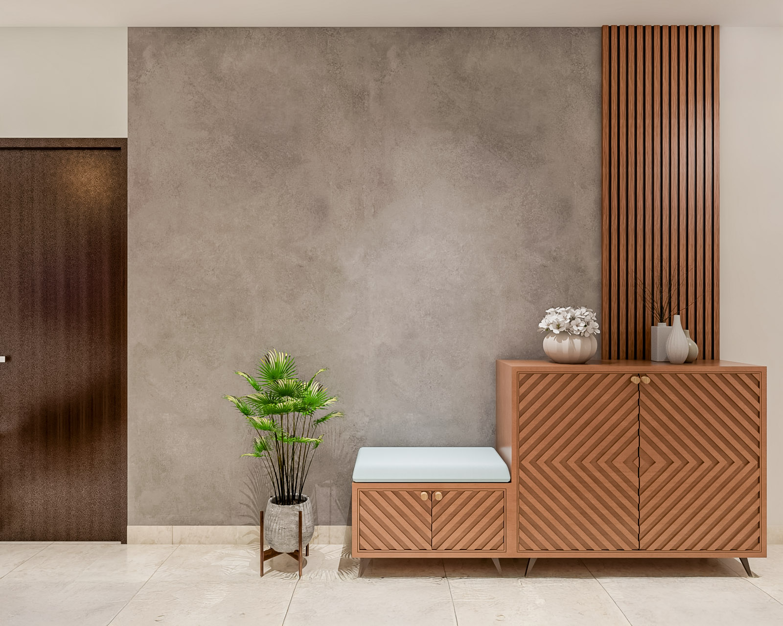 Contemporary Foyer Design in Walnut with Console and Vertical Wooden ...