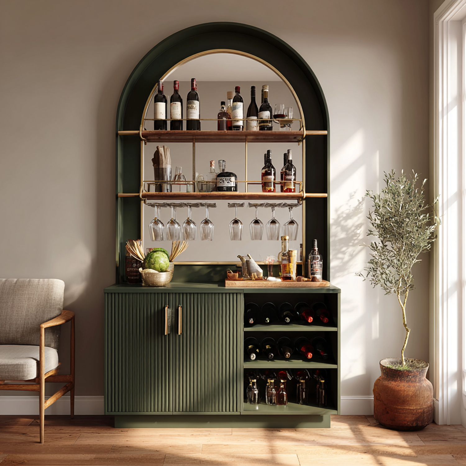 Emerald Modern Home Bar Design with Wine Rack and Open Shelves | Livspace