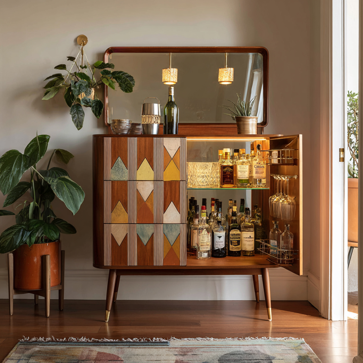 Home Bar Design with Mid-Century Modern Walnut Finish, Mirrored Counter ...