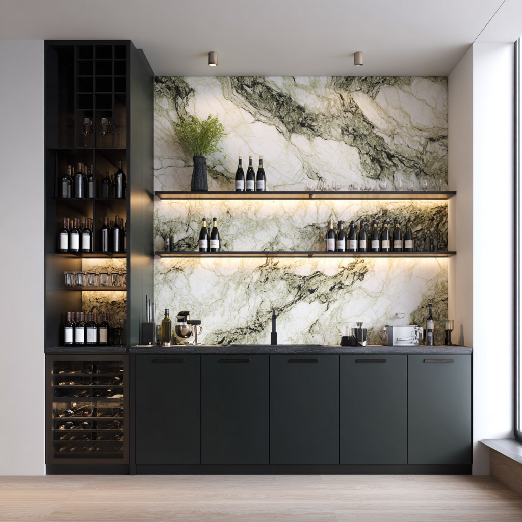 Contemporary Grey Home Bar Design with Floating Shelves and Cabinet ...