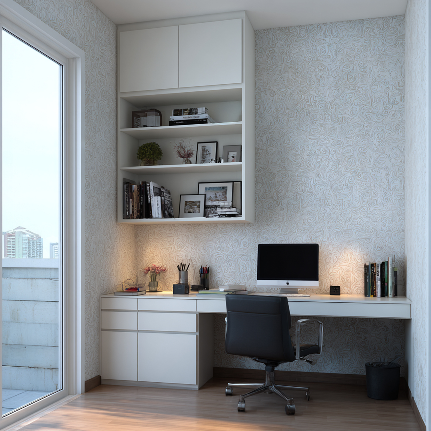 Modern White Home Office Design with Built-in Desk and Upper Shelving ...