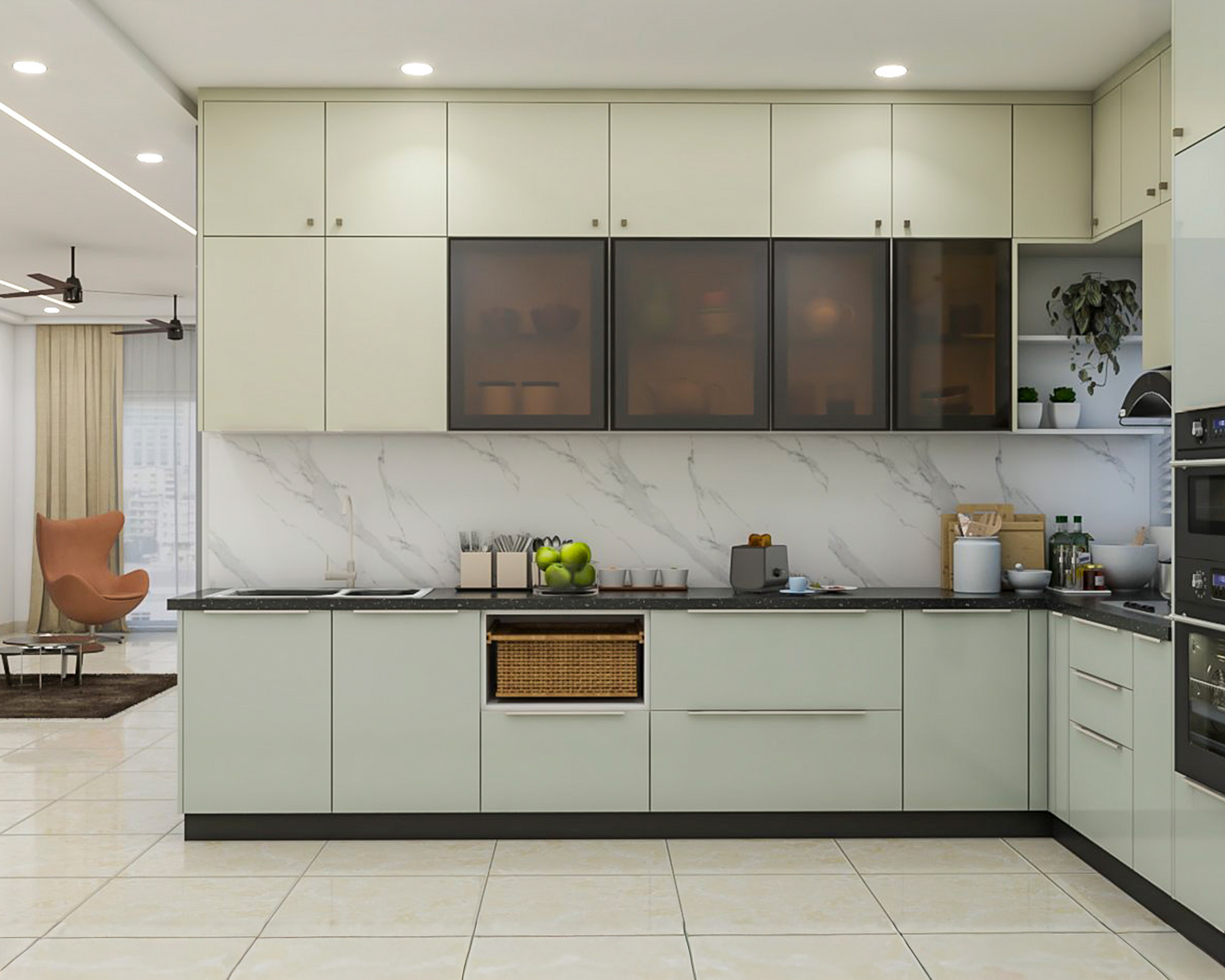 L-Shaped Contemporary Kitchen Design with Frosted Glass, Rustic Wicker Storage and Granite ...