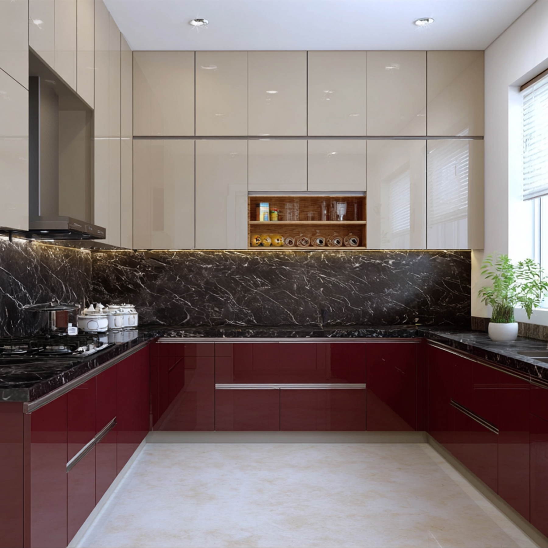 U-Shaped Contemporary Kitchen Design in Ruby and Grey and Marble ...