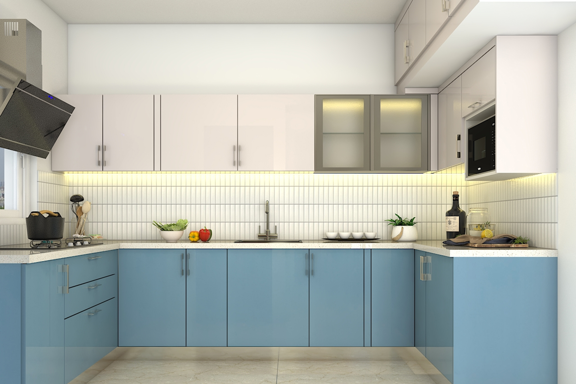 U-Shaped Contemporary Kitchen Design with Quartz Countertop and Glass ...