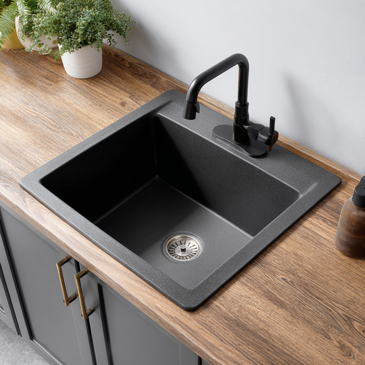 Matte Black Composite Kitchen Sink Design with Single Bowl Top Mount ...