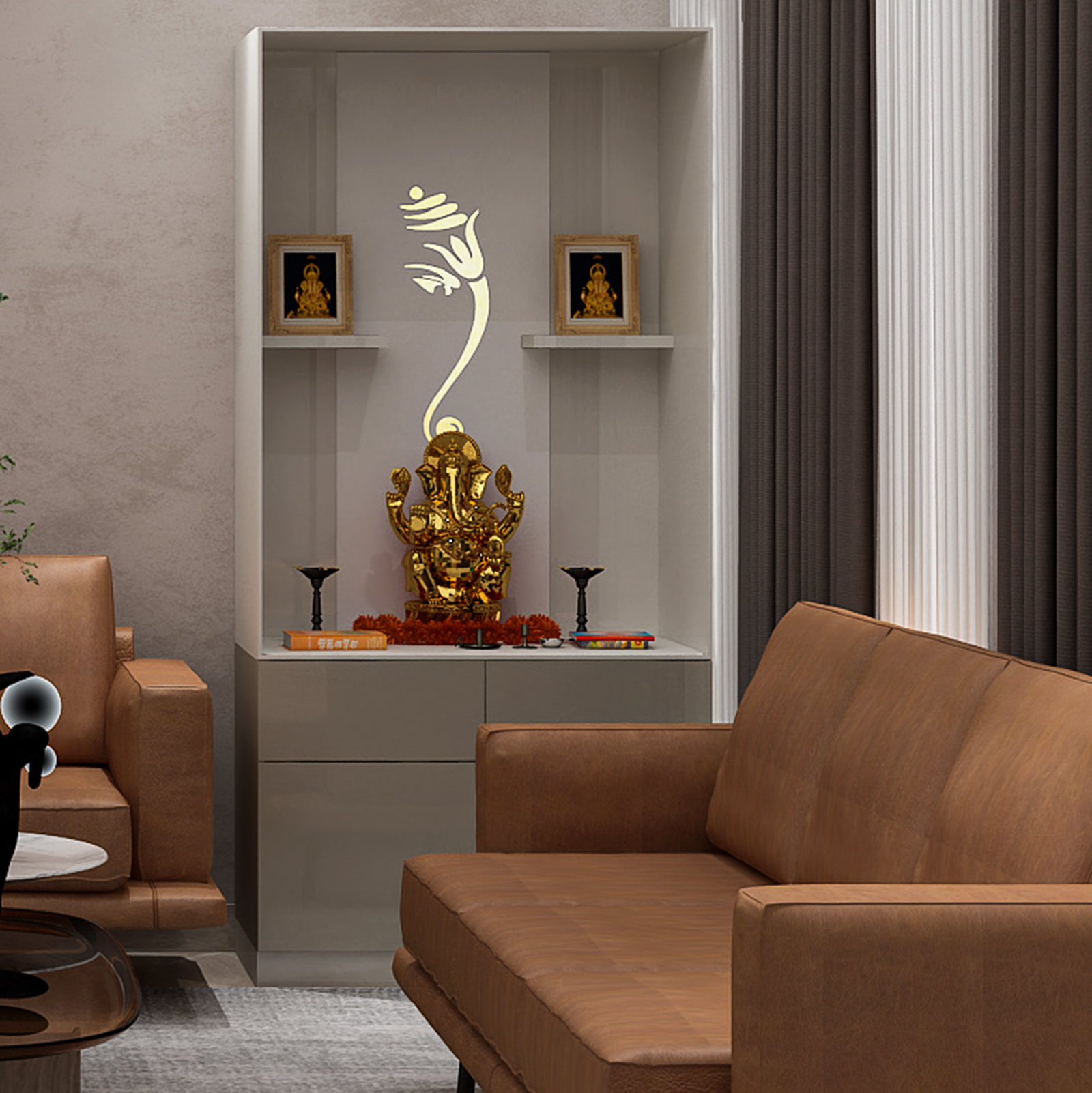 Minimal Floor-Mounted Grey Pooja Design with Built-In Niche and Wall ...
