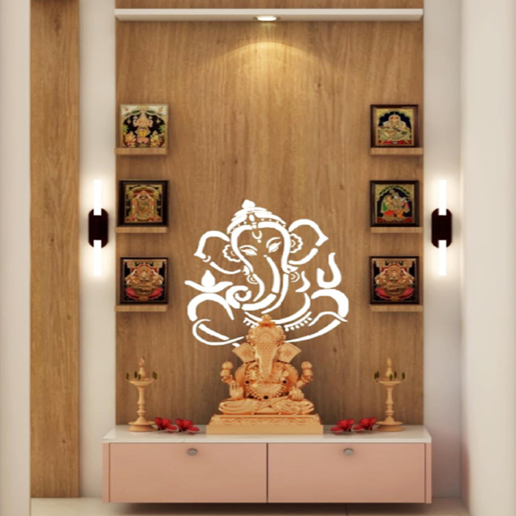Floating Traditional Pooja Design with Rose Pink and Teak Finish ...