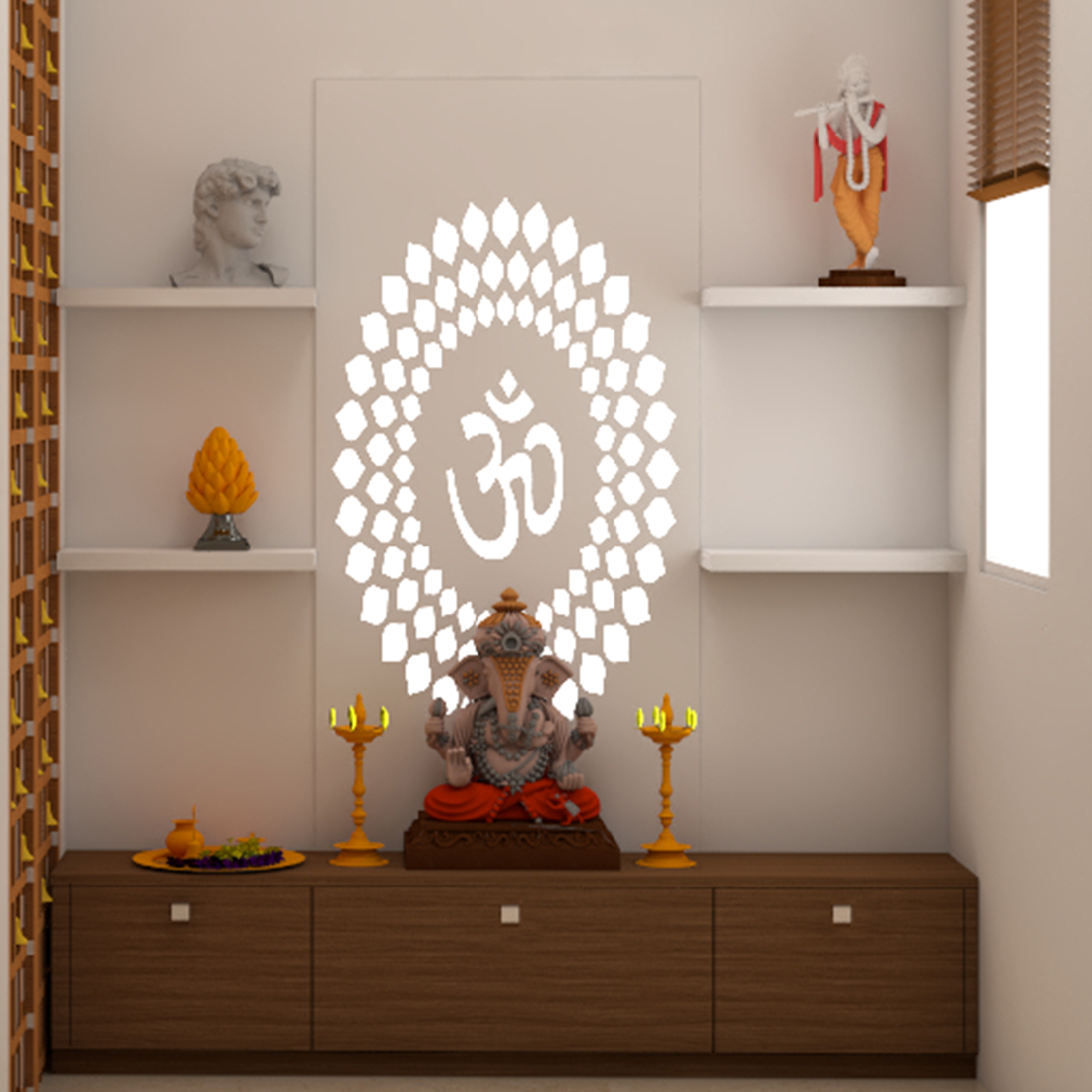 Traditional Pooja Design with Storage Cabinets and Display Shelves ...