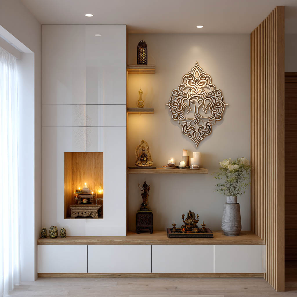 Flour Mounted Modern Pooja Design with Two-Tone Palette and Built-in ...