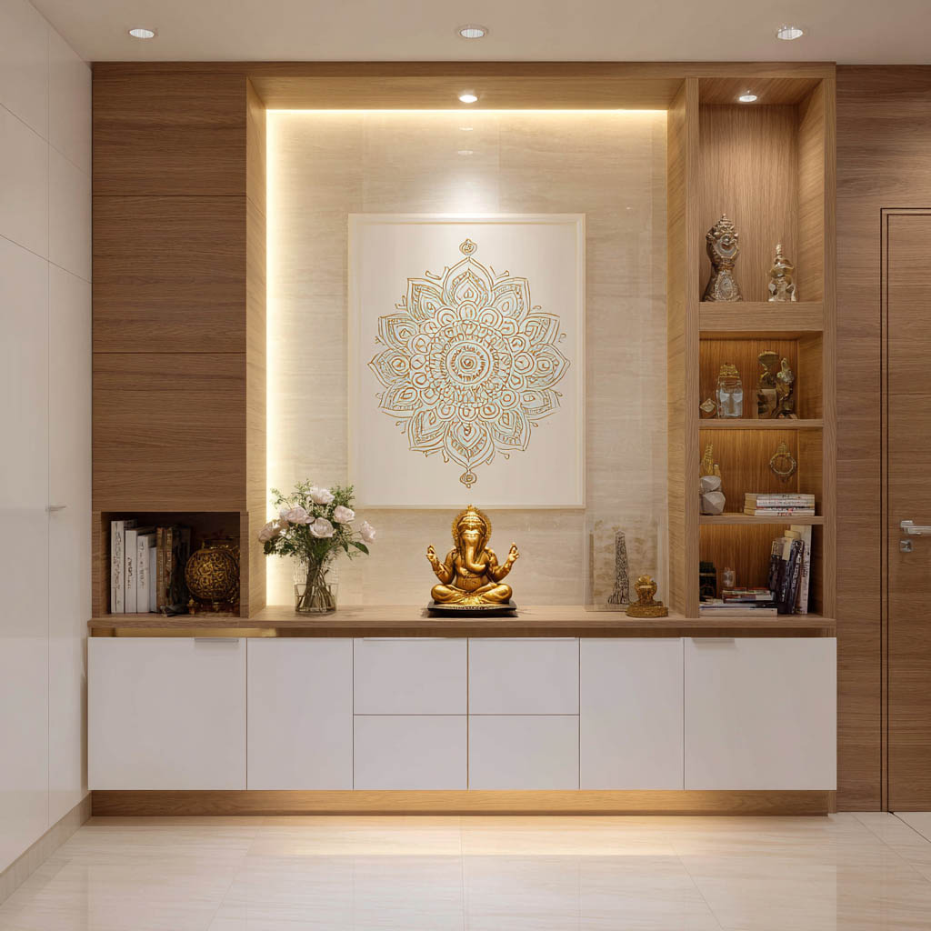 Floor-Mounted Contemporary Pooja Design with Warm Wood and Side Shelves ...