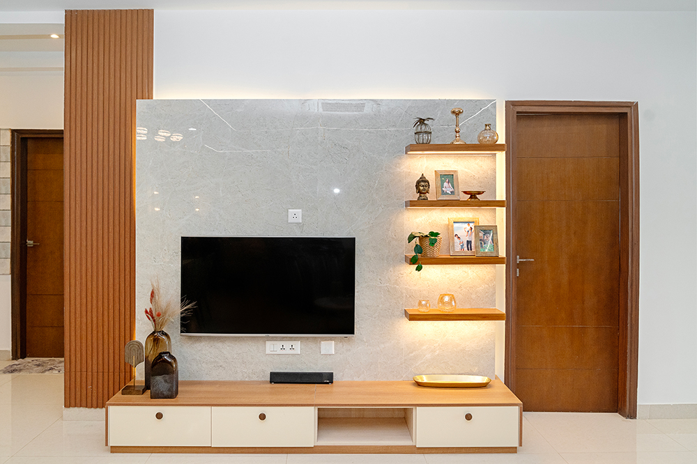 Contemporary TV Unit Design with Floating Storage and Suede Finish ...