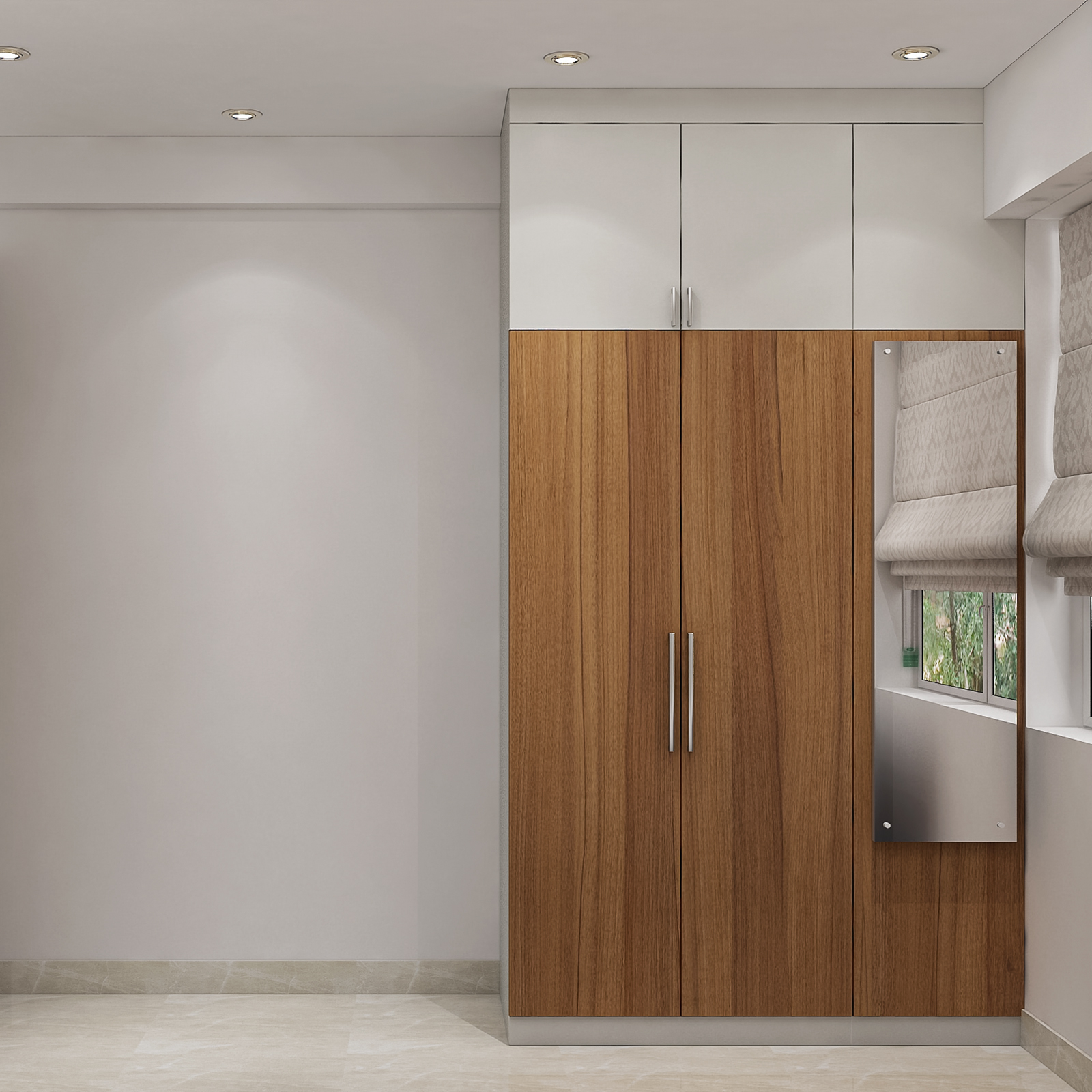 White and Teak Minimal 3-Door Swing Wardrobe Design with Floor-to ...