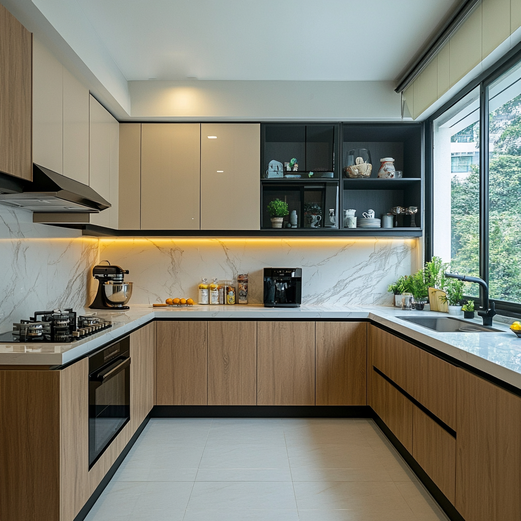 Contemporary U-Shaped Kitchen Design with Suede-Finish Base Units and Glossy Wall Cabinets ...