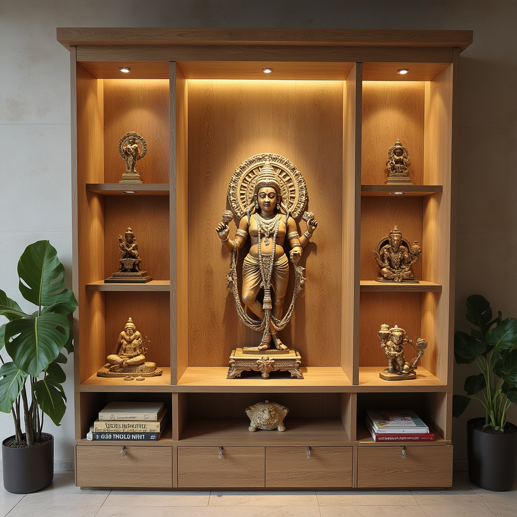Wooden Finish Traditional Floor-Mounted Pooja Unit Design with Drawer ...