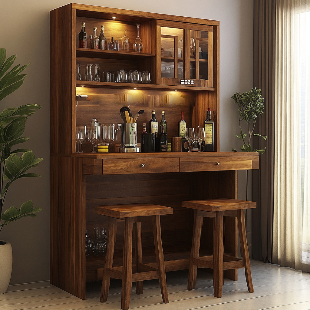 Wooden Home Bar Design with Modern Open Shelving and Suede Finish ...