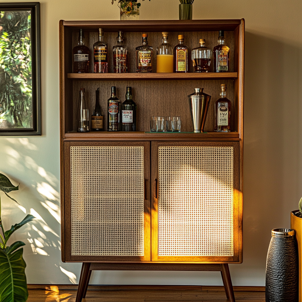 Walnut Bronze Home Bar Design with Contemporary Suede-Finish Storage ...