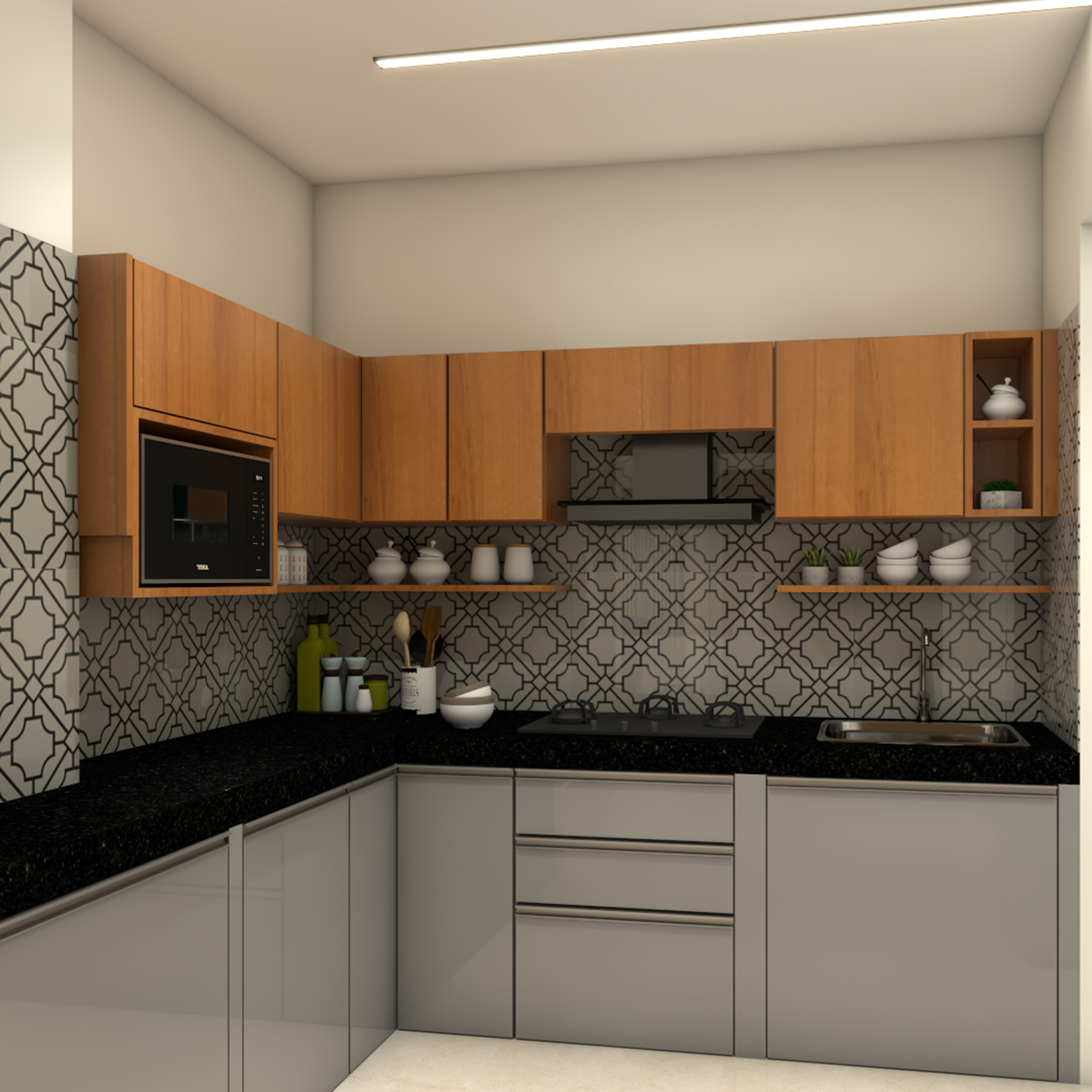 L-Shaped Contemporary Kitchen Design with Wood Cabinets, Handle-Less ...