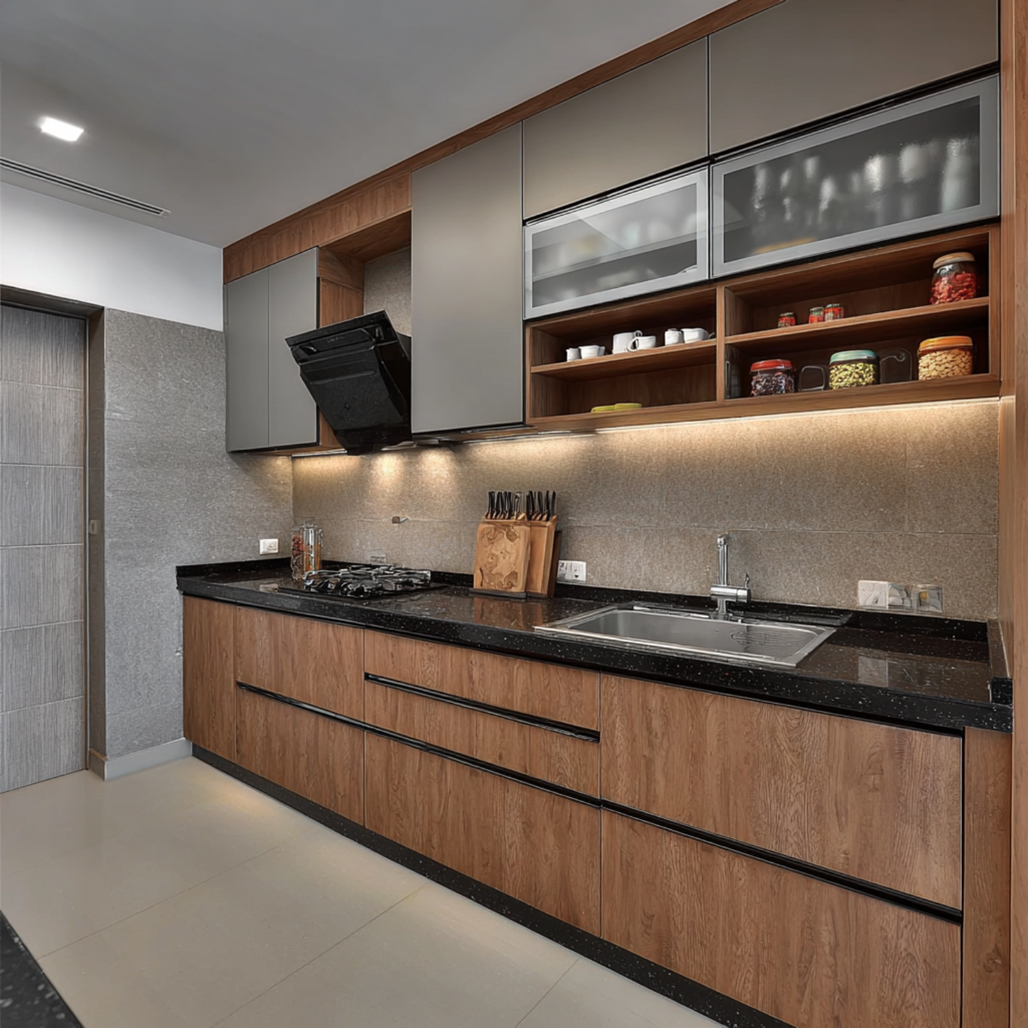 Minimal Open Kitchen Design with Glossy Grey Cabinets and Granite ...
