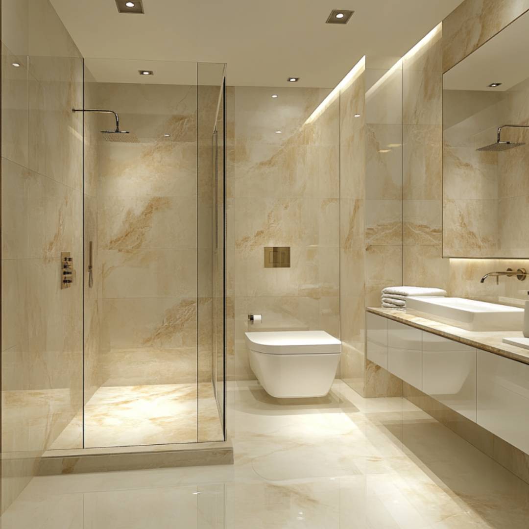 Beige Marble-Look Minimal Ceramic Square Bathroom Tiles Design in ...