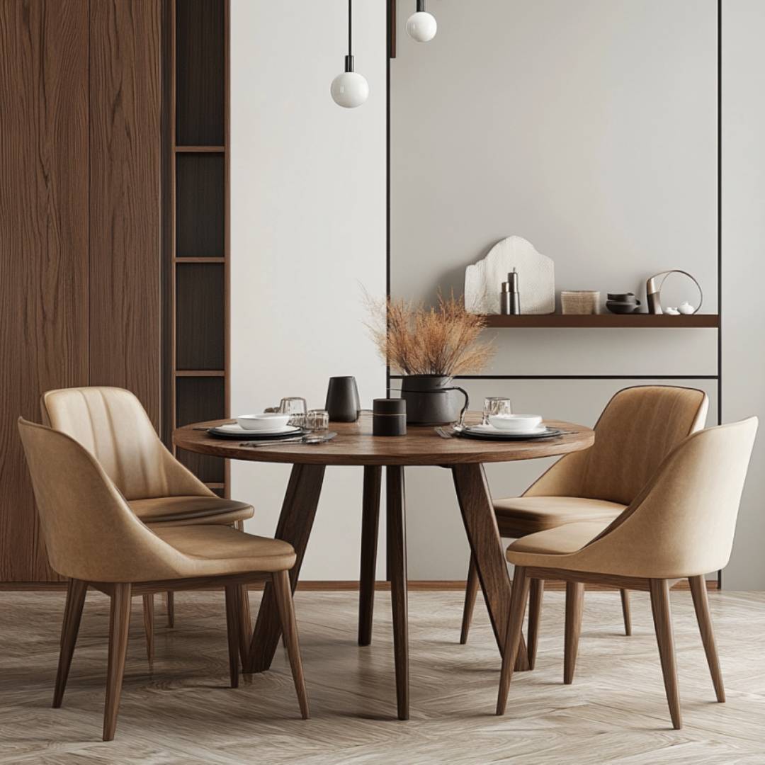 Contemporary Dining Room Design with Built-In Wall Shelves, Round Table ...