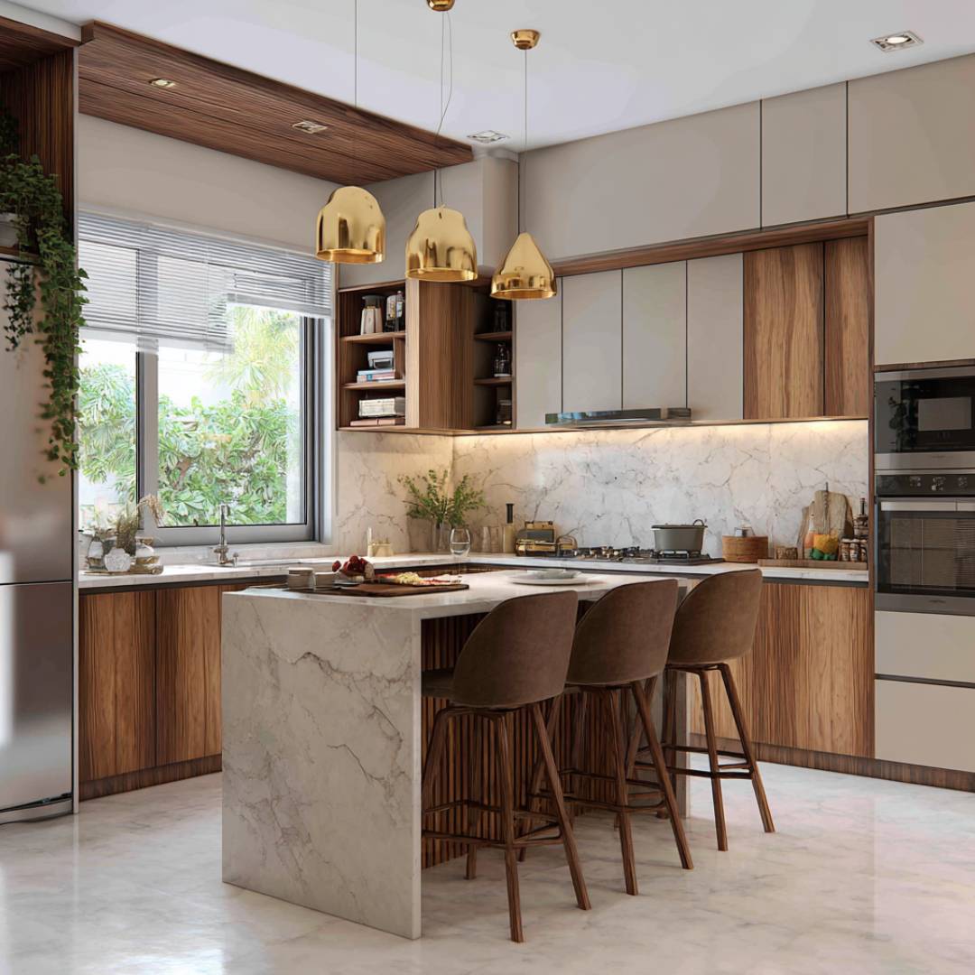 Island Kitchen Design with Contemporary Quartz Countertop, Open Shelves ...