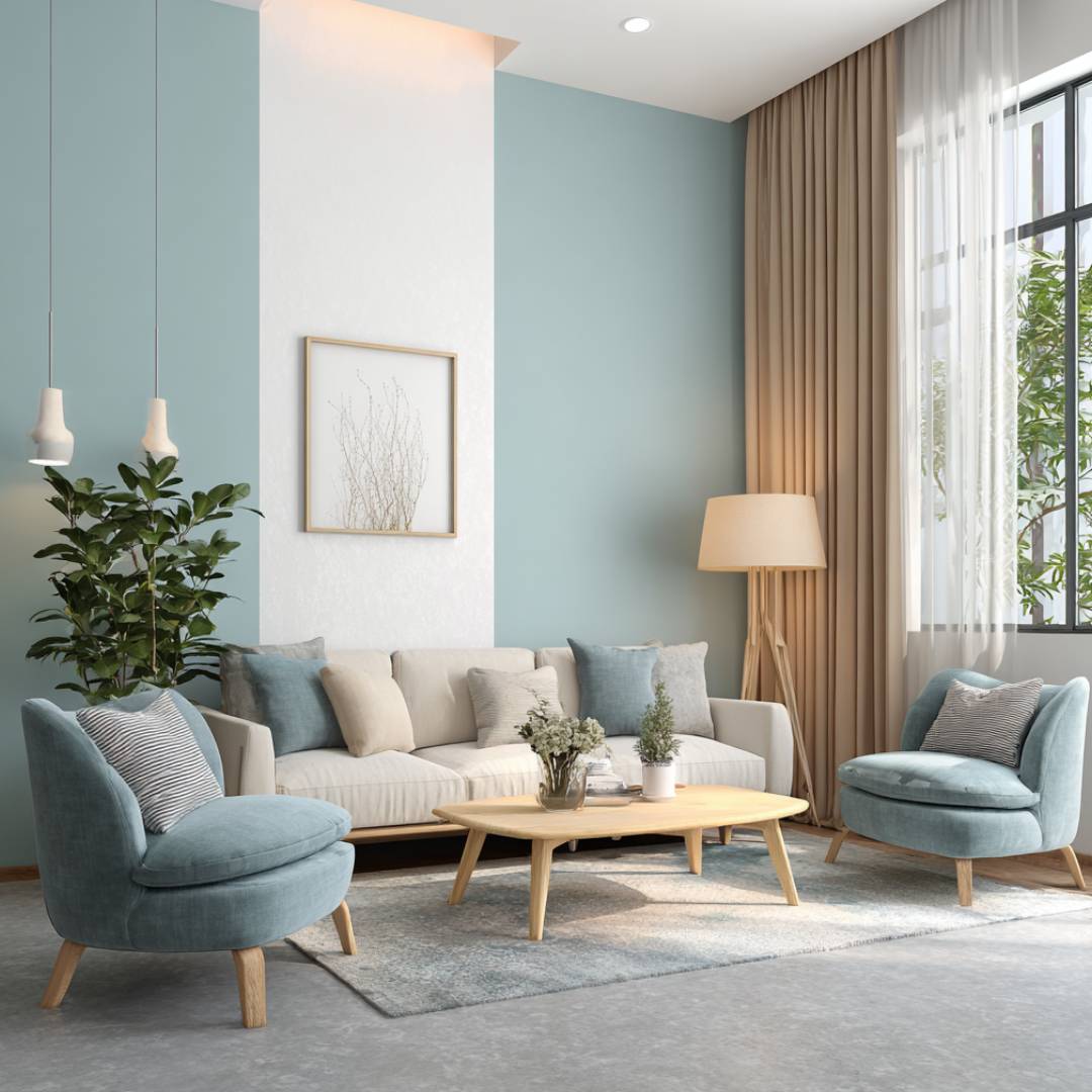 Teal Blue-Green and White Contemporary Wall Paint Design With Panels for Modern Homes | Livspace