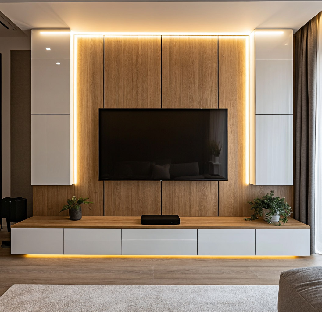 Tall Contemporary TV Unit Design with Shelves and Drawers | Livspace