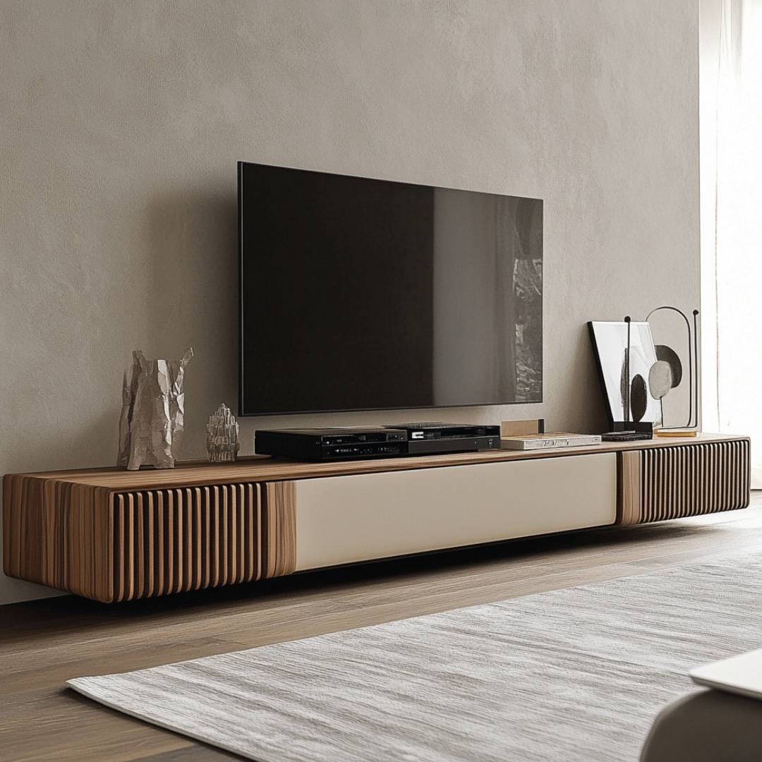 Low Profile Modern TV Unit Design in Brown Suede Finish and Artistic ...