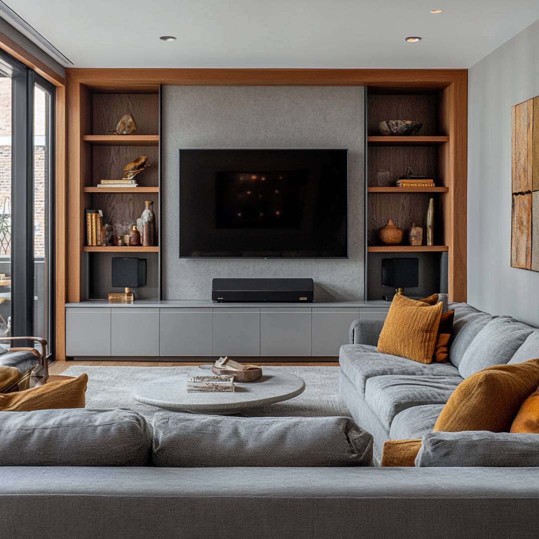Contemporary TV Unit Design With Concealed Drawers and Open Shelves ...