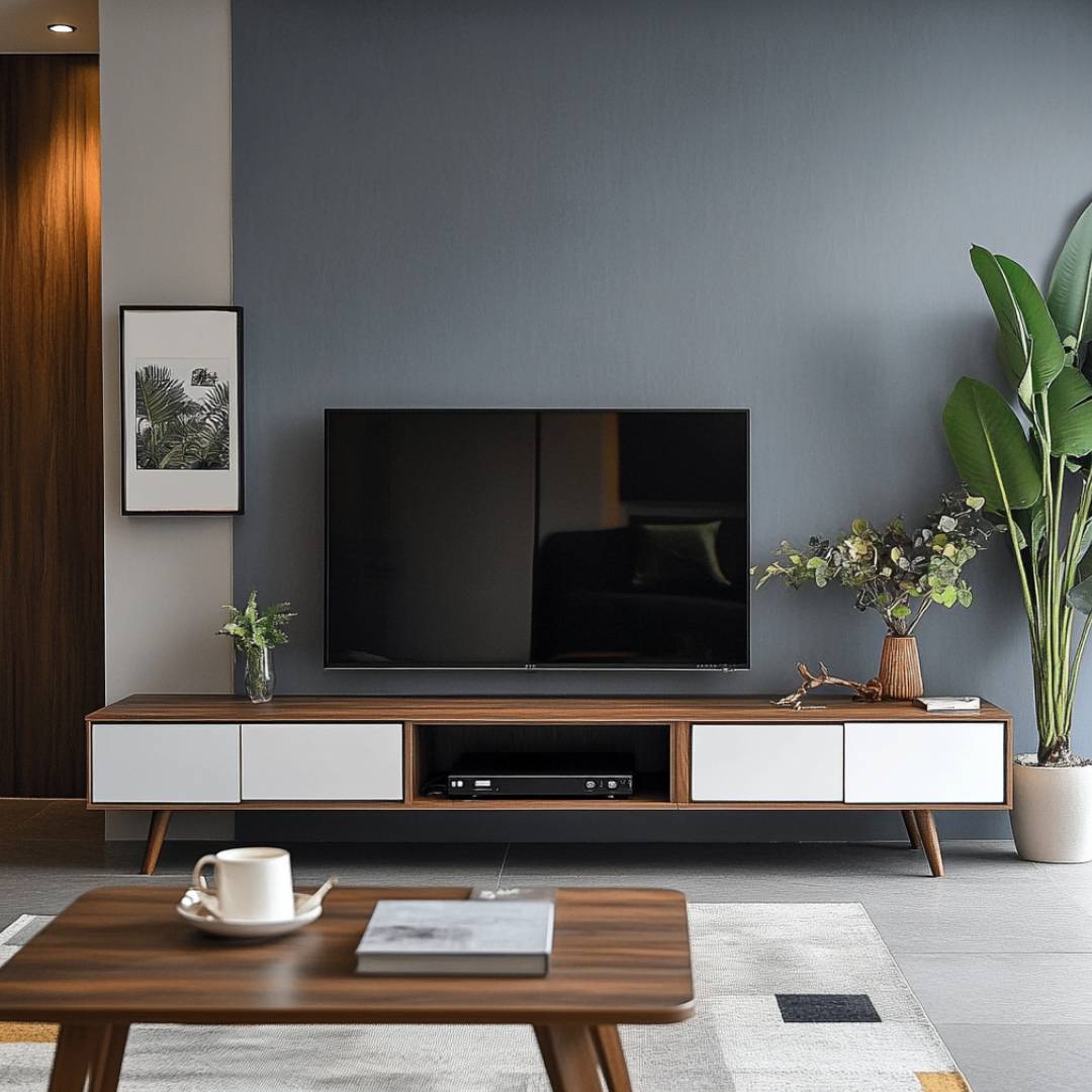 Modern Brown and White TV Unit Design with Storage and Display Space ...