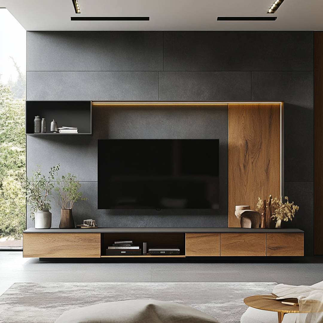 Modern TV Unit Design in Brown and Grey With Open Storage | Livspace
