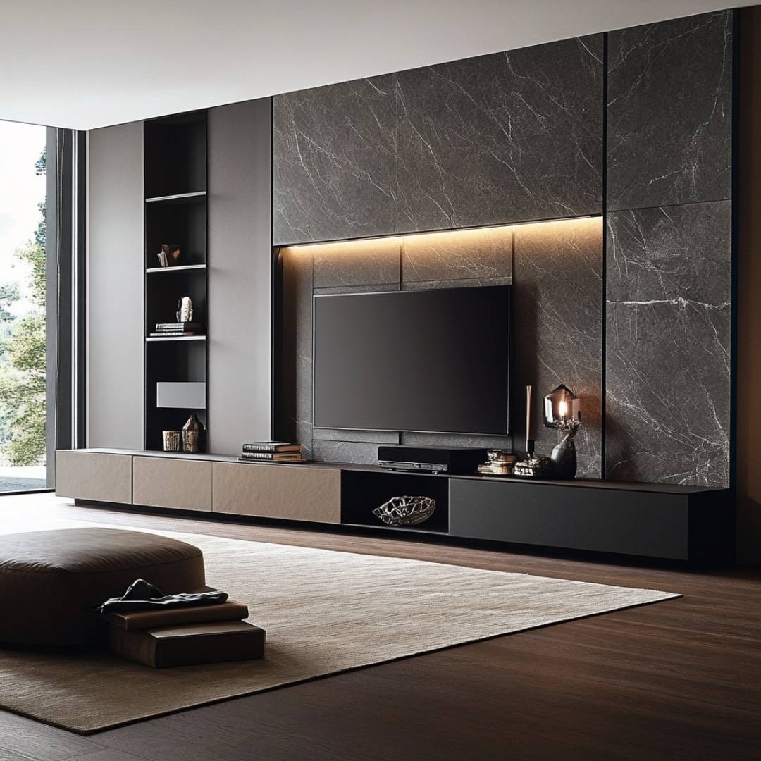 Modern Wall TV Unit Design with Storage in Brown and Grey | Livspace