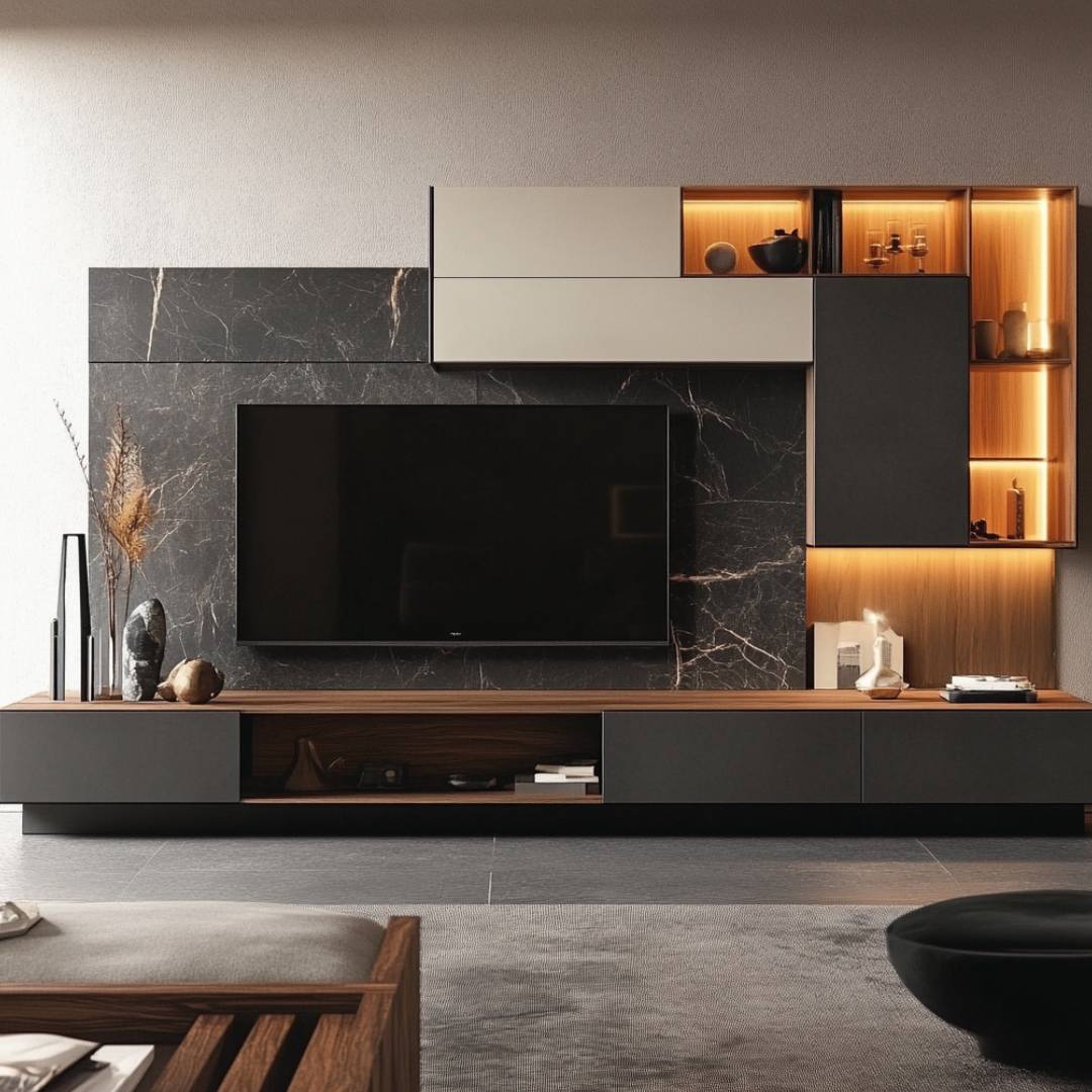 Grey and White TV Unit Design with LED Lighting and Storage | Livspace