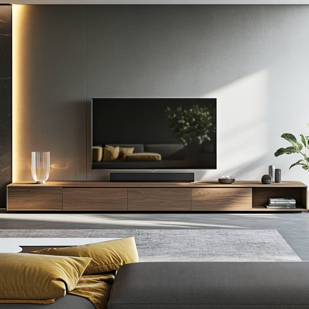 Brown Modern TV Unit Design With Edge Lighting and Warm Wood and Grey ...