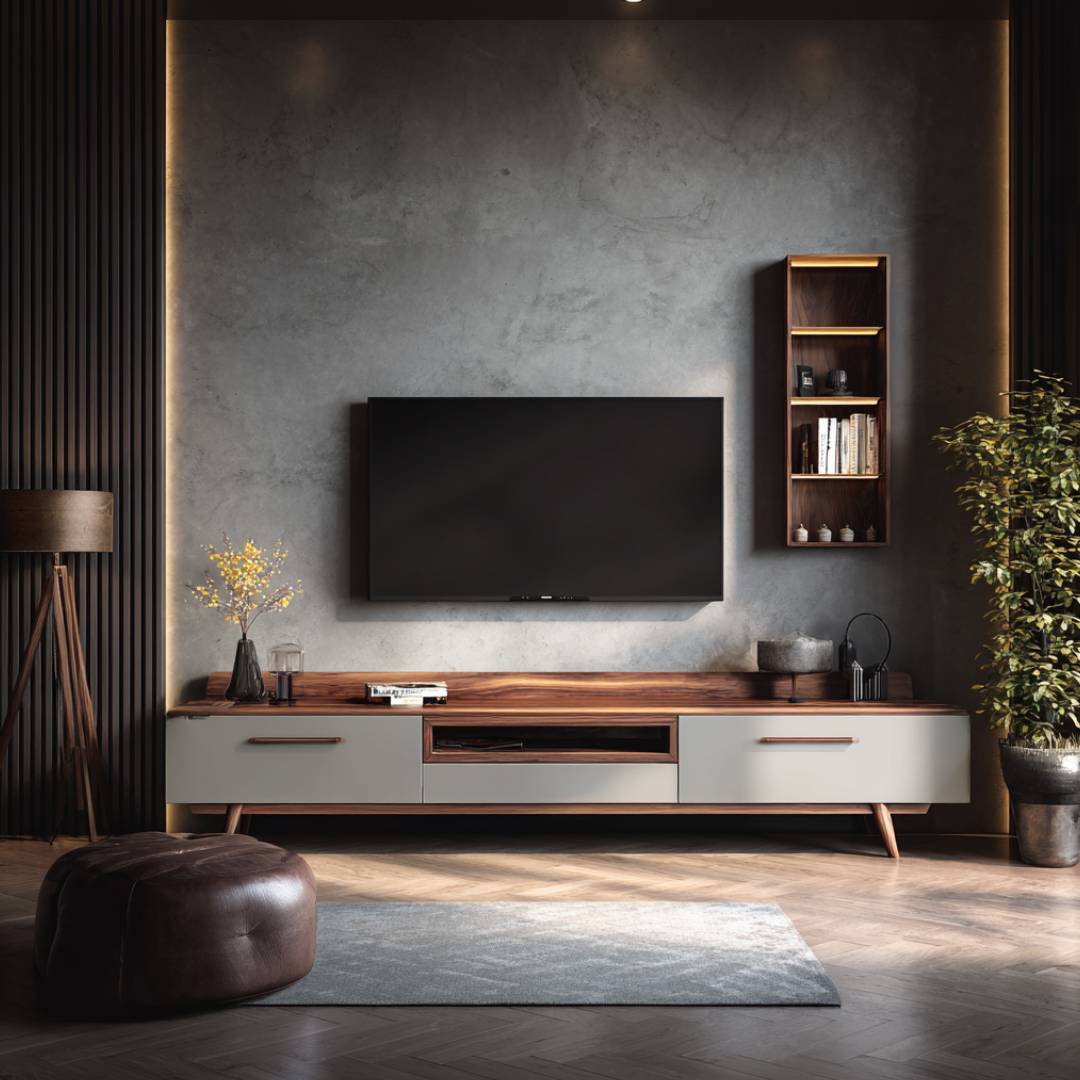 Grey Rustic Wall Design With Warm Lighting and Wooden Wallpaper Details ...