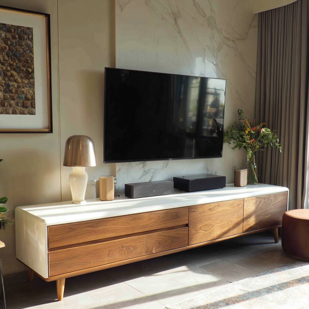 Brown and White Contemporary TV Unit Design With Concealed Storage ...