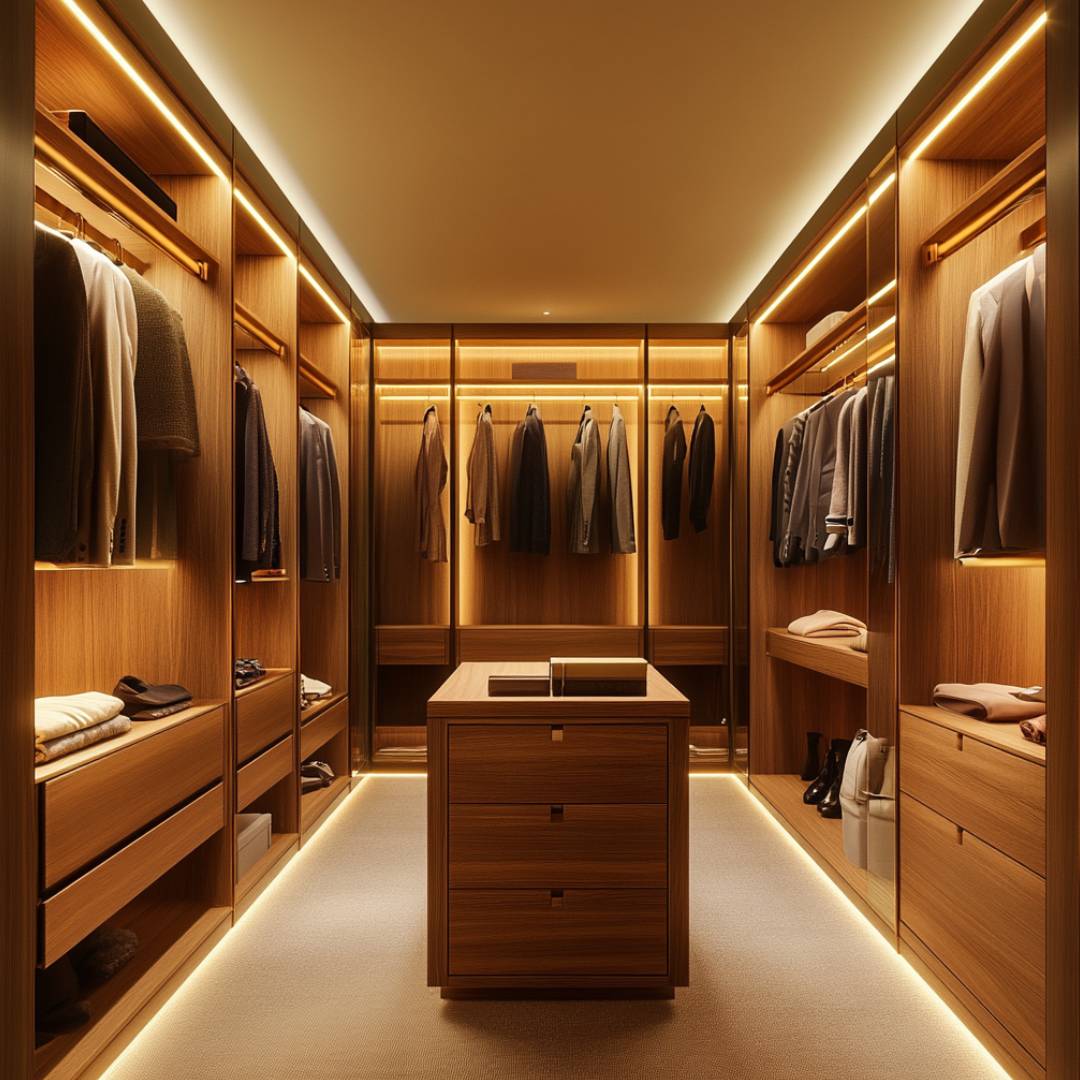 Modern Walk-In Wardrobe Design with LED Lights and Warm Wood Tones ...
