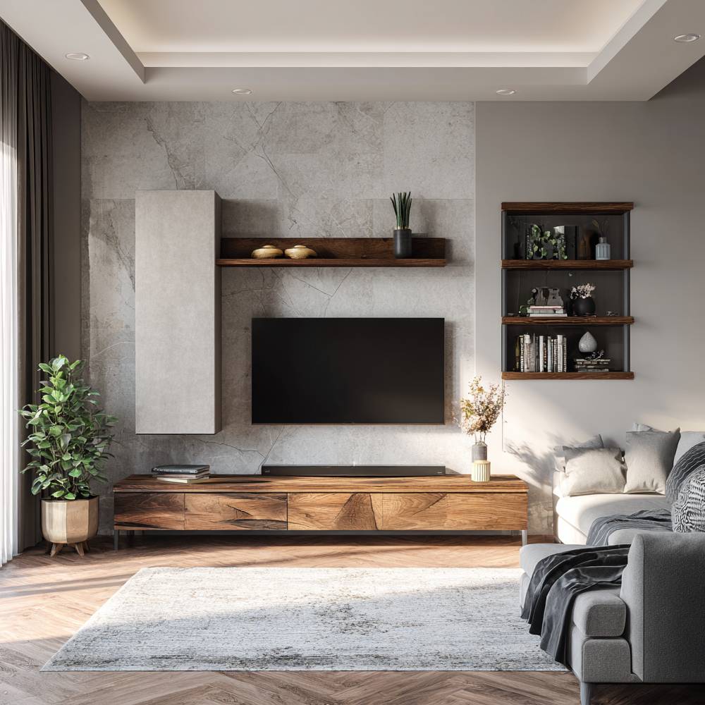 Floating Contemporary TV Unit Design With Suede Finish, Drawers and ...
