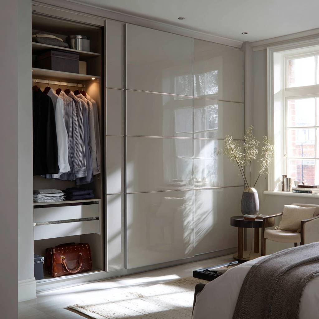 3-Door Modern Beige Sliding Wardrobe Design with High Gloss Glass ...
