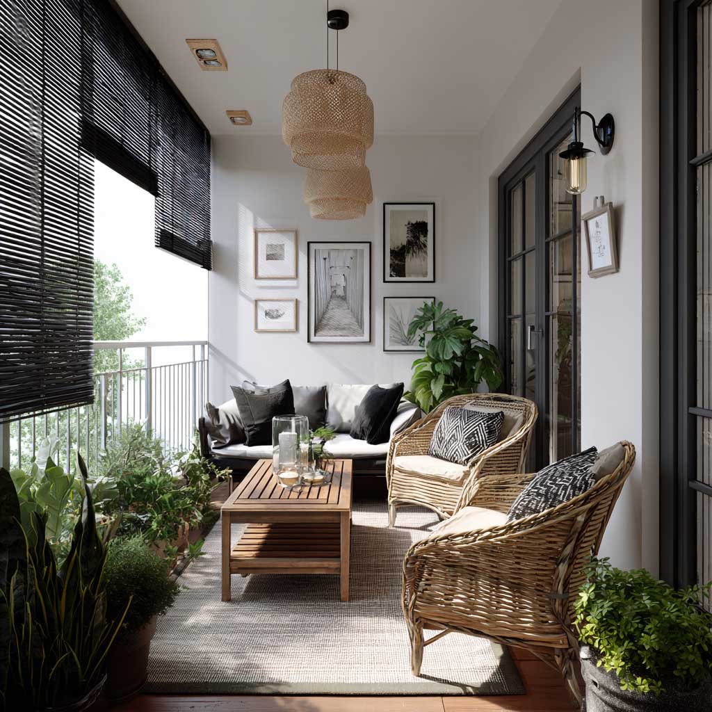 Bohemian Balcony Design with White Walls, Gallery Wall and Natural ...