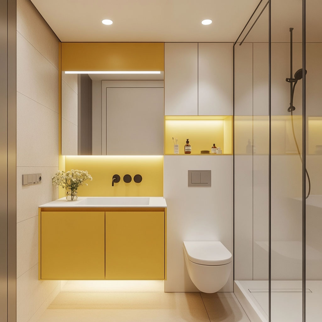 Spacious Beige Contemporary Bathroom Design with Functional Cabinet Vanity and Rectangle Mirror ...